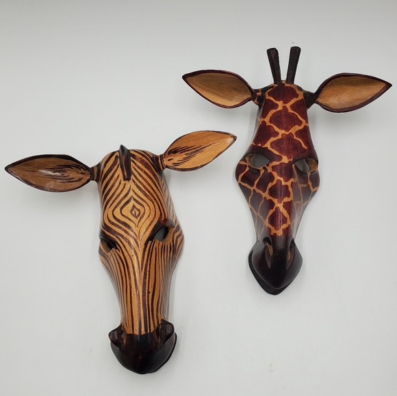unbranded | Accents | Pair Of Carved Wood Animal Mask Giraffe And Zebra ...